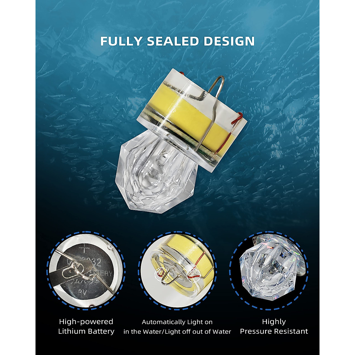 BLUEWING 5 Pack Diamond Fishing Lights LED Deep Drop Underwater Flasher Water-Activated Lighted Fish Lures for Swordfish, Tilefish, Halibut, Tuna, Grouper, Disco