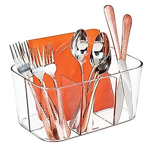 mDesign Plastic Cutlery Storage Organizer Caddy Bin Tote with Handle - Kitchen Cabinet Divided Pantry Basket for Forks, Knives, Spoons, Napkins, Indoor/Outdoor Use, Lumiere Collection, Clear