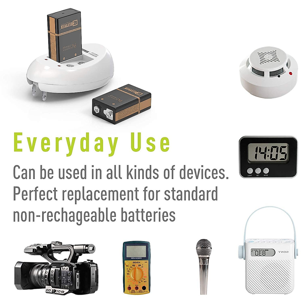 EEMB 9 Volt Rechargeable Batteries 650mAh with 9V Battery Charger for Smoke Alarm Detector 4-Packs