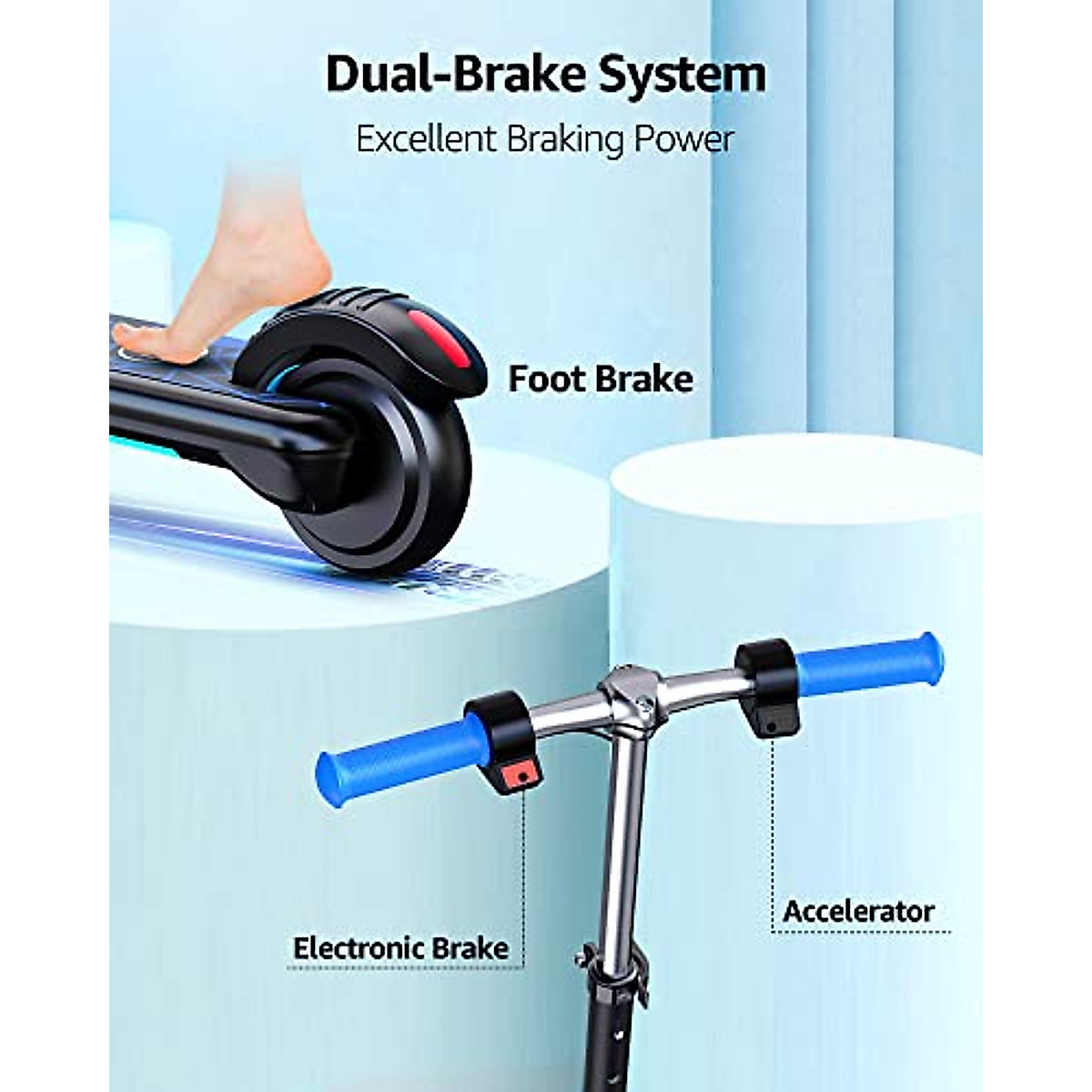 Gyroor Electric Scooter for Kids, 10 Miles Distance, 150W Motor, Bluetooth Music, Dual Brake System, Adjustable Height and Speed, Electric Scooter for Kids Ages 8-12, Ideal Gifts, Blue