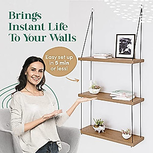 OMYSA Hanging Shelves - 3 Tier Wall Shelf - Cute Boho Room Decor for Bedroom, Bathroom, Living Room - Floating Wood Small Bookshelves - Window, Macrame - Brown