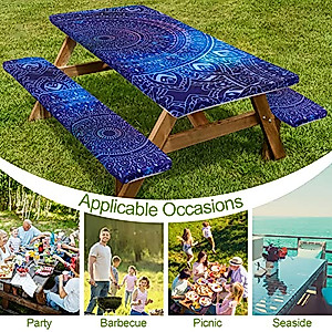 Picnic Table Cover with Bench Covers 3 Pcs Waterproof Windproof Camping Tablecloth with Drawstring Bag, Fitted for 6 Foot Rectangle Tables and Seats, Blue Purple