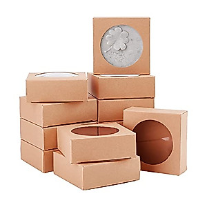 BENECREAT 24 Packs Brown Kraft Square Paper Boxes Gift Wrapping Box with Round Clear Window 3x3x1.2 for Homemade Soap, Wedding Party Favor, Festival Gift Packaging