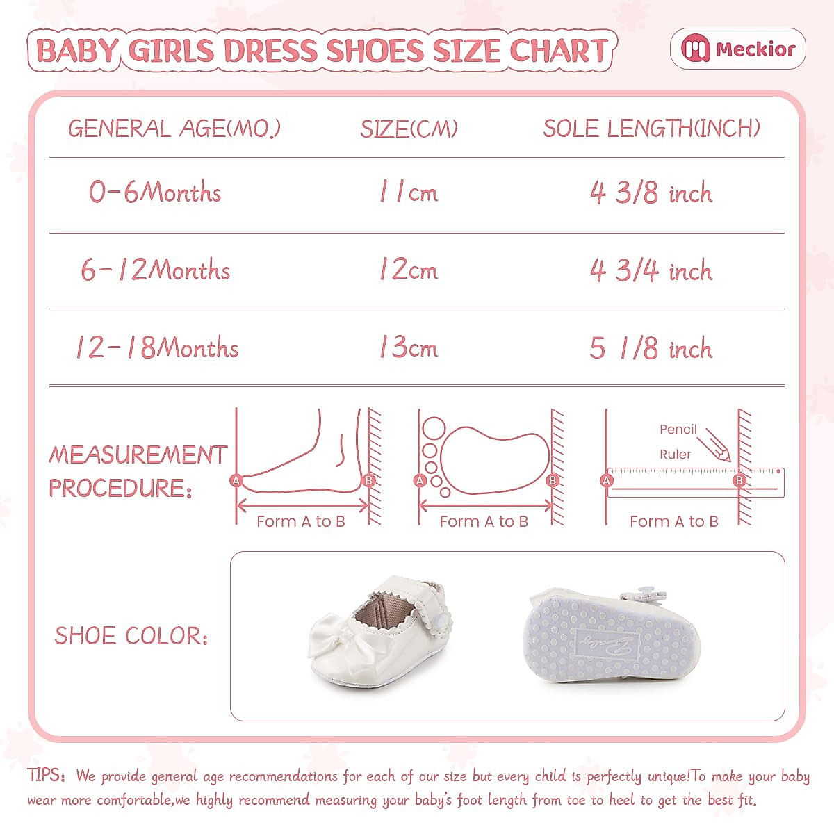 Meckior Infant Baby Girls Soft Sole Bowknot Princess Wedding Dress Mary Jane Flats Prewalker Newborn Light Baby Sneaker Shoes