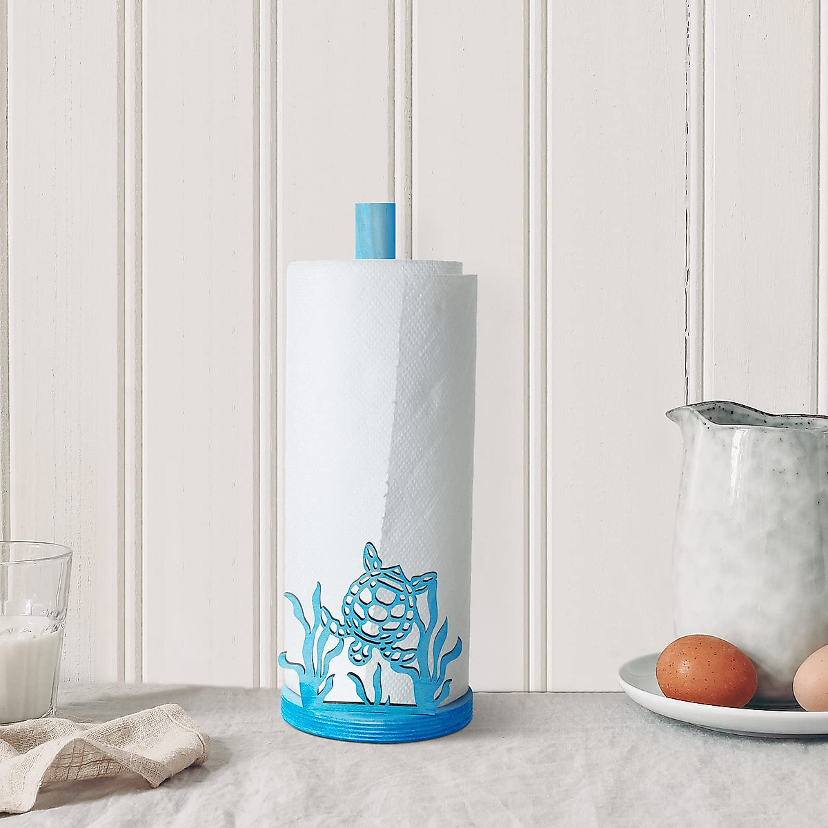 Beach Paper Towel Holder Nautical Wooden Paper Towel Stand Sea Turtle Octopus Weed Ocean Paper Towel Dispenser Kitchen Farmhouse Accessories for Kitchen Table or Bathroom Decoration(Turtle)