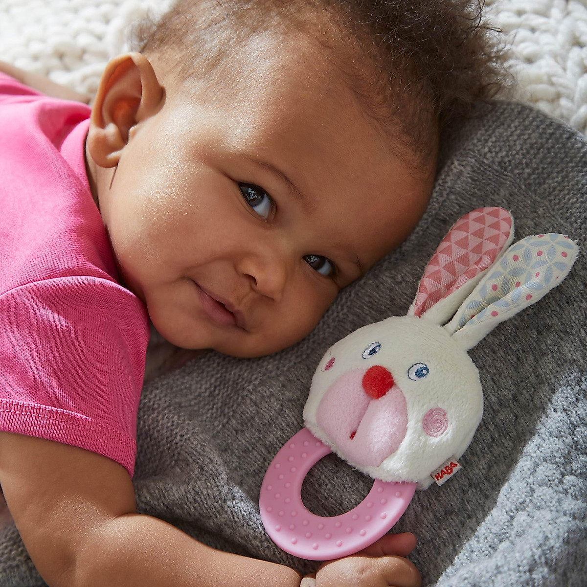 HABA Chomp Champ Bunny Teether - with Crinkle Ears and Plastic Teething Ring for Babies from Birth and Up