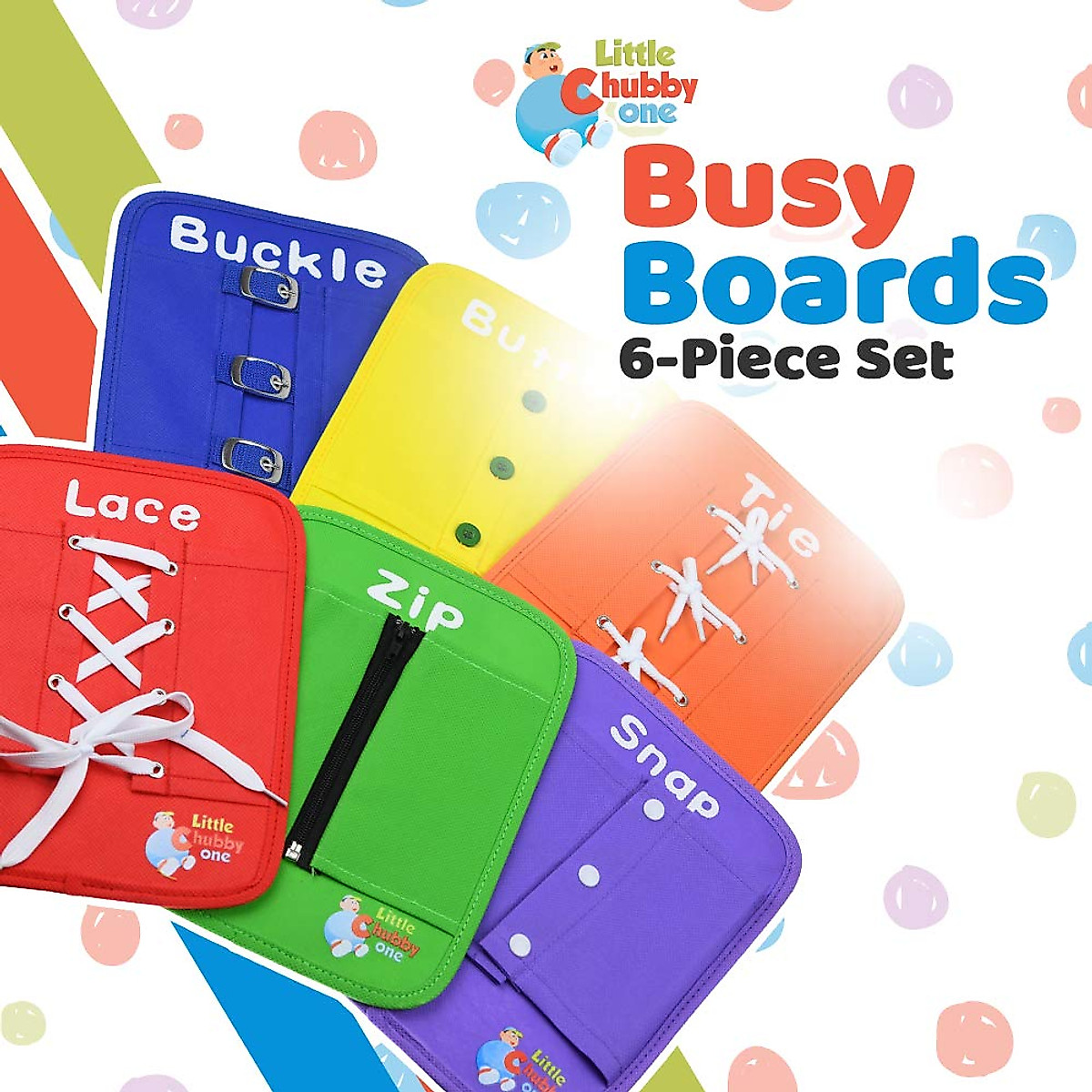 LITTLE CHUBBY ONE Busy Board Set - Learning Activity Toy - Educational Toy Helps Develop Motor Skills Dress Skills Color Recognition and Hand Eye Coordination Perfect for Traveling (4x5 Inches)