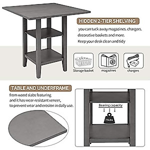 Life In Color 5 Piece Dining Table Set Wood Counter Height Dining Set Square Kitchen Table with 2-Tier Storage Shelving and 4 Padded Chairs (Gray)