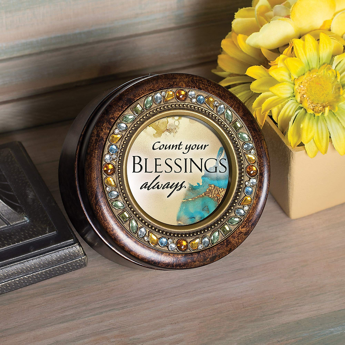 Cottage Garden Count Your Blessings Inspirational Amber Earth Tone Jeweled Round Music Box Plays How Great Thou Art