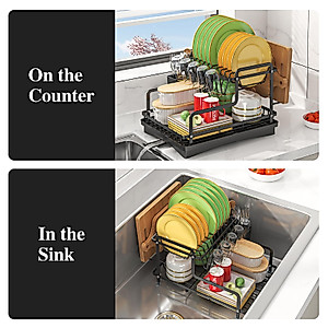 Famhap Dish Drying Rack, Large 2 Tier Dish Racks for Kitchen Counter, Durable Stainless Steel Kitchen Drying Rack with a Cutlery Holder, Drying Rack for Dishes, Knives, Spoons, and Forks