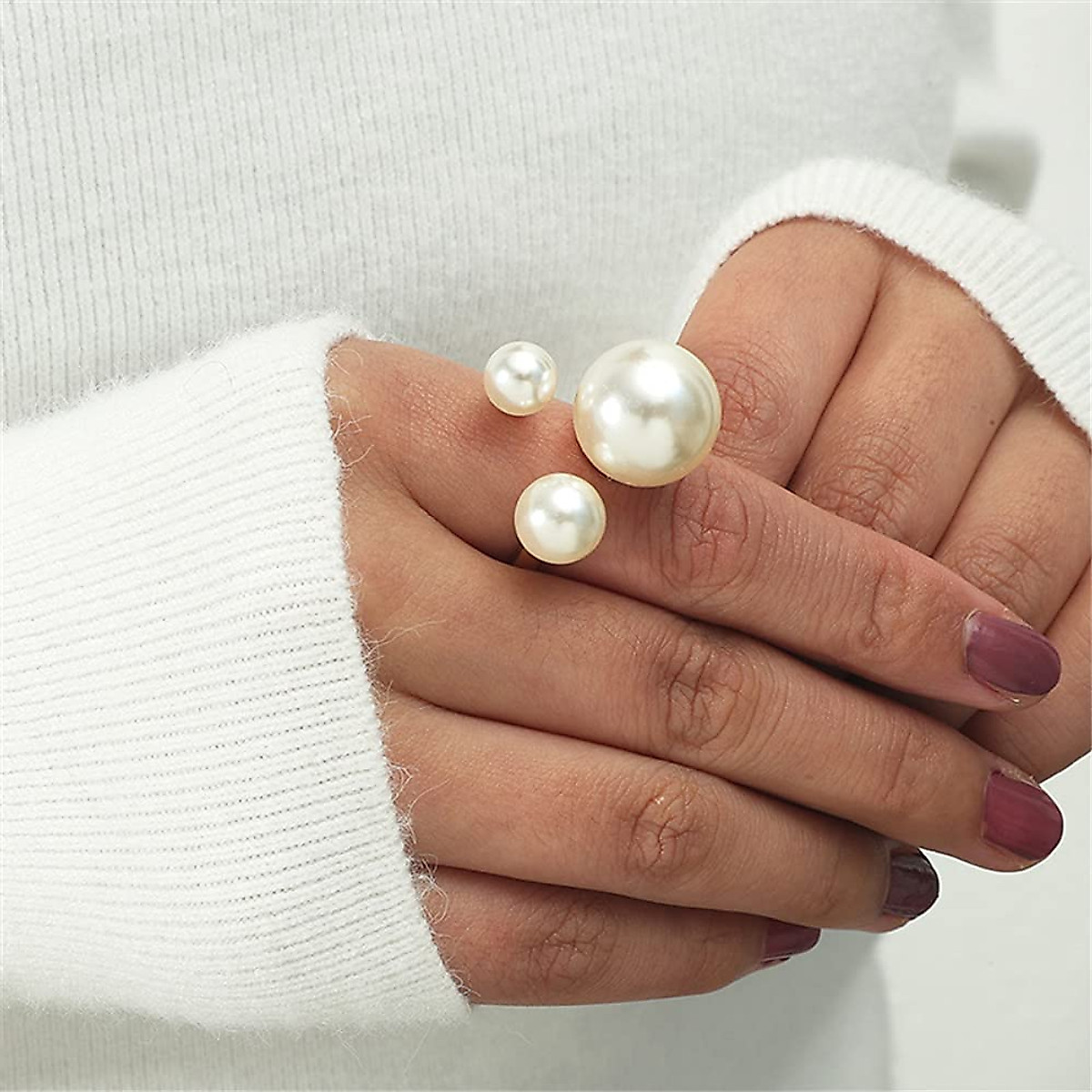 3 Pearls Promise Ring for Women Girls Statement Expandable Adjustable Big Imitation Pearl Ball Open Band Wrap Rings Comfort Fit Engagement Wedding Mother's Day Christmas Jewelry Size 7-9