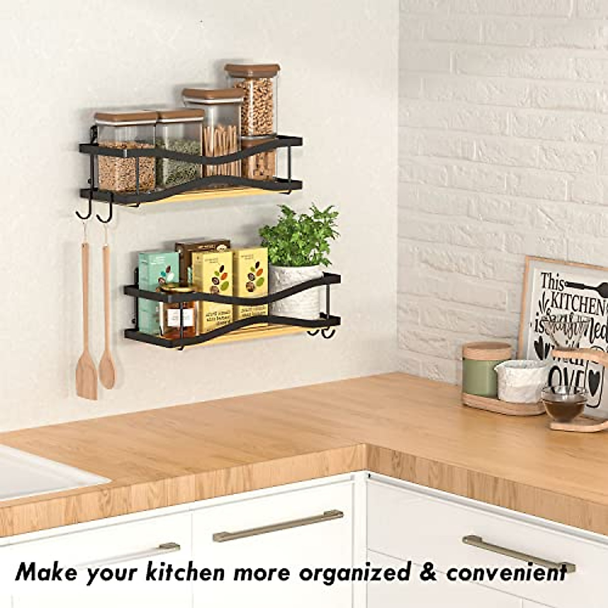 DatMou Floating Shelves Wall for Inside Kitchen, Bedroom, Living Room, Bathroom Storage and Decor, Wall Mounted Shelf with Metal Guardrail and Hooks, 2pcs