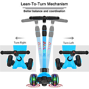 Allek Kick Scooter B03, Lean 'N Glide 3-Wheeled Push Scooter with Extra Wide PU Light-Up Wheels, Any Height Adjustable Handlebar and Strong Thick Deck for Children from 3-12yrs (Aqua Blue)