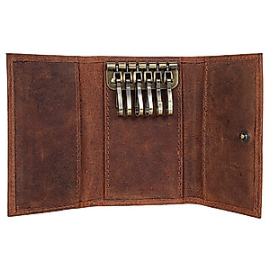 RUSTIC TOWN Slim Compact Leather Key Holder Wallet Pouch Gifts Him Her Men and Women (Brown)