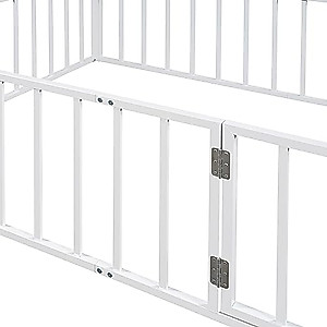 SIYSNKSI Full Size Floor Bed with Fence and Door, Metal Floor Bed Frame, Montessori Bed Platform Bed Frame for Kids Boys Girls, Easy Assembly (White + Metal-2)