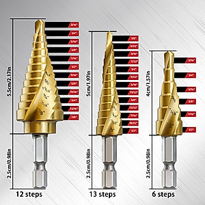 AIMLENTOOL 3PC Step Drill Bit Set, 1/4" Hex Shank High-Speed Steel Spiral Grooved Step Drill Bit for Sheet Aluminium Metal Wood Hole Drilling, 31 Step Sizes Taper Drill bit Set for DIY Lovers
