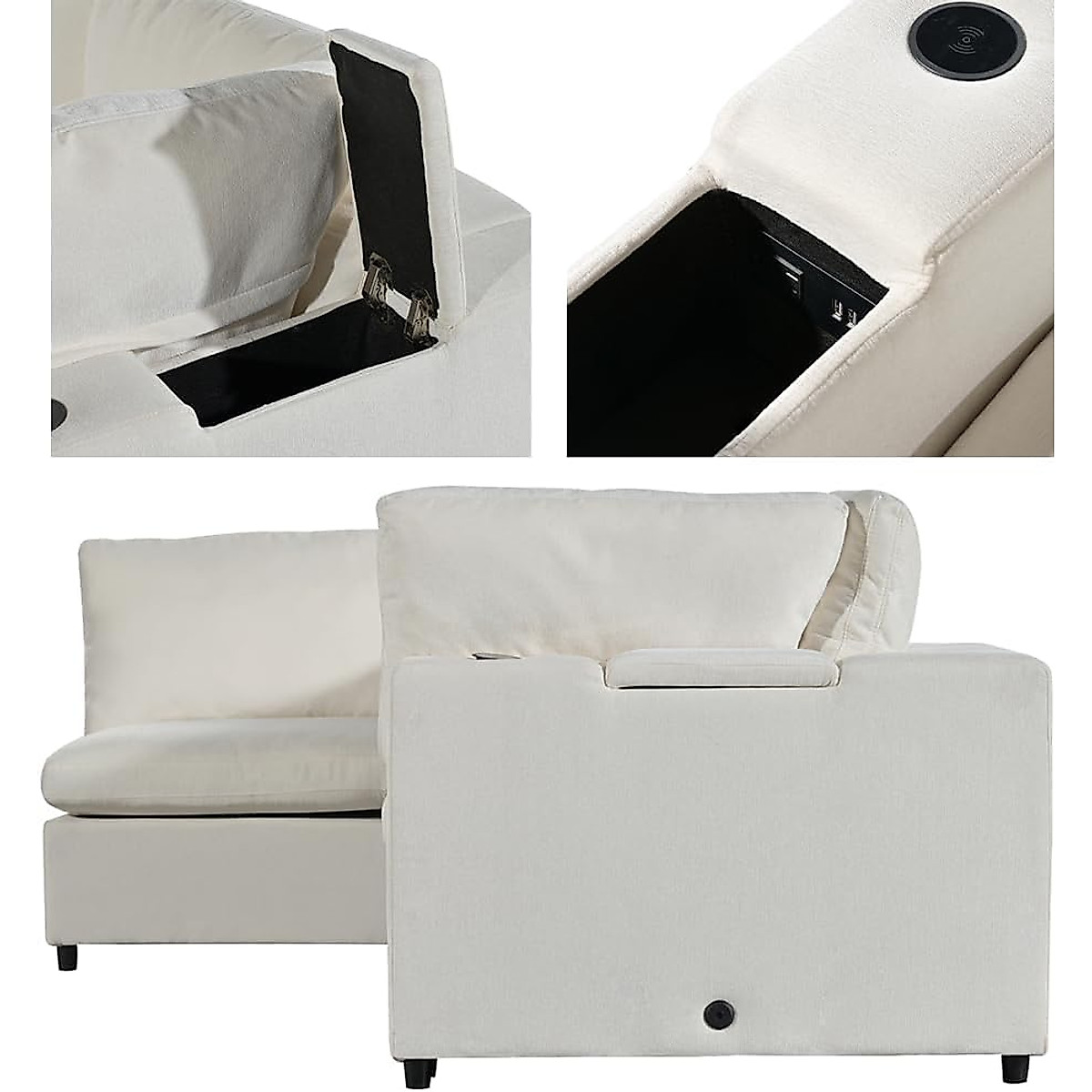 kevinplus 106'' Modular Sectional Sofa Couch for Living Room, Modern Upholstered 4-Seat Sofa Couch L-Shape with USB Charge Port & Wireless Charging & Built-in Bluetooth Speaker in Arm, Beige