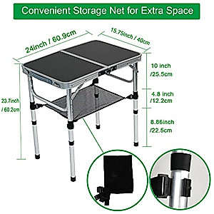 JYEASTZ Folding Table Portable Camping Table with Storage Net, 2ft Aluminum Picnic Table 24" x 16" Adjustable 3-Level Height, Waterproof, Lightweight with Carry Handle for Picnic Beach Outdoor Indoor