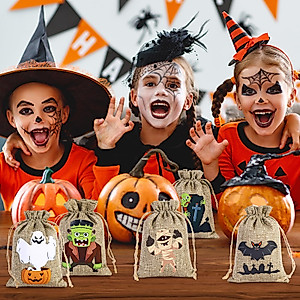 24 Pack Halloween Linen Burlap Bags with Drawstring, 4x6 inches, 8 Spooky Designs for DIY Halloween Party Favors, Small Gift Pouches, Treat Bags, Goodie Bags Bulk for Candies, Treats, and Goodies