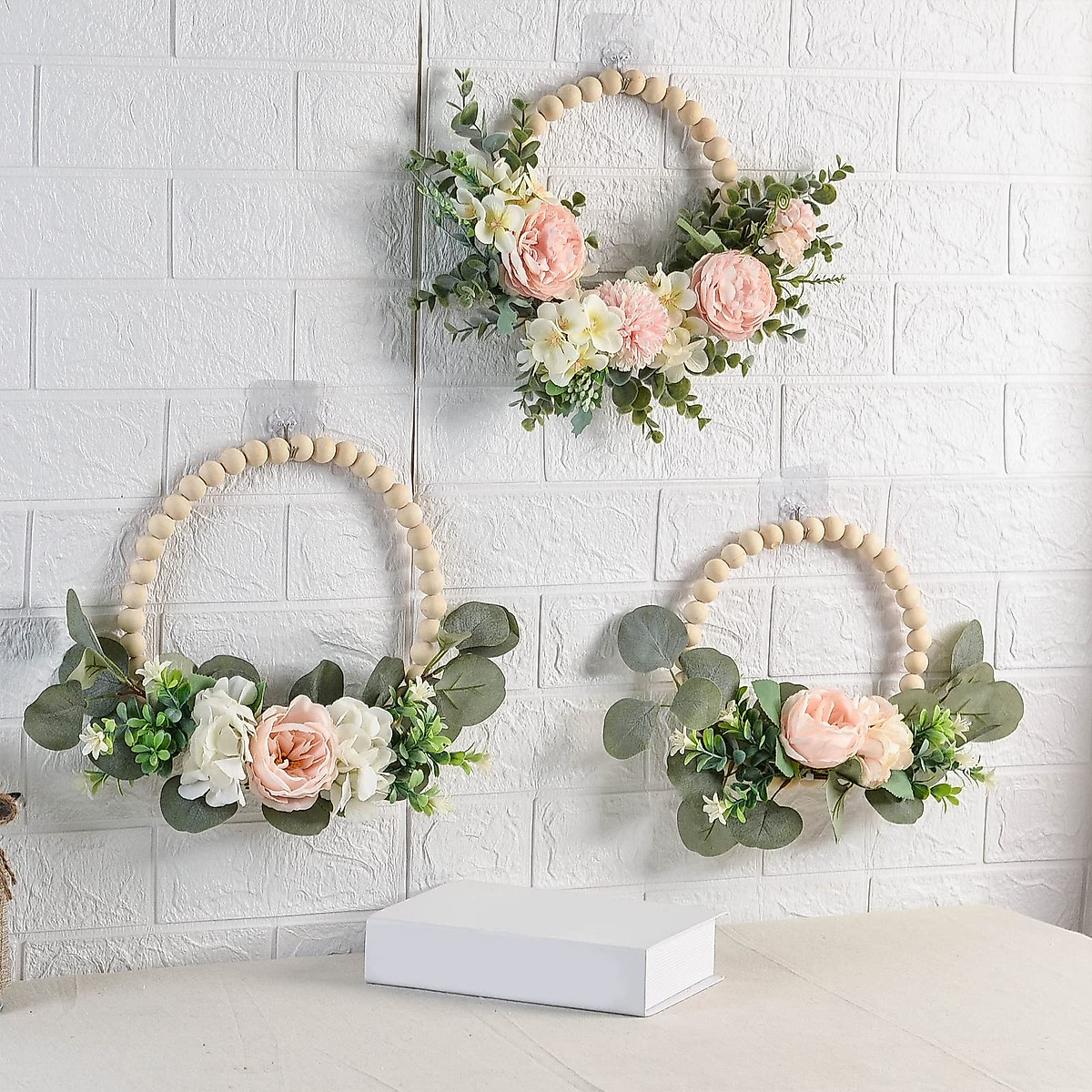 LPAYOK Artificial Peony Flower Wreath, Wood Bead Floral Eucalyptus Wreath for Front Door, Spring Flowers Garland Farmhouse Hoop Wreaths for Wall Window Indoors Home Decoration, Green, 35cm/13.65in