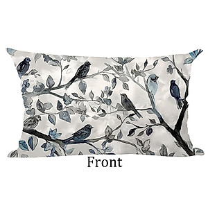 Ramirar Ink Painting Watercolor Blue Grey Lovely Birds Tree Leaves Decorative Lumbar Throw Pillow Cover Case Home Living Room Bed Sofa Car Cotton Linen Rectangular 12 x 20 Inches