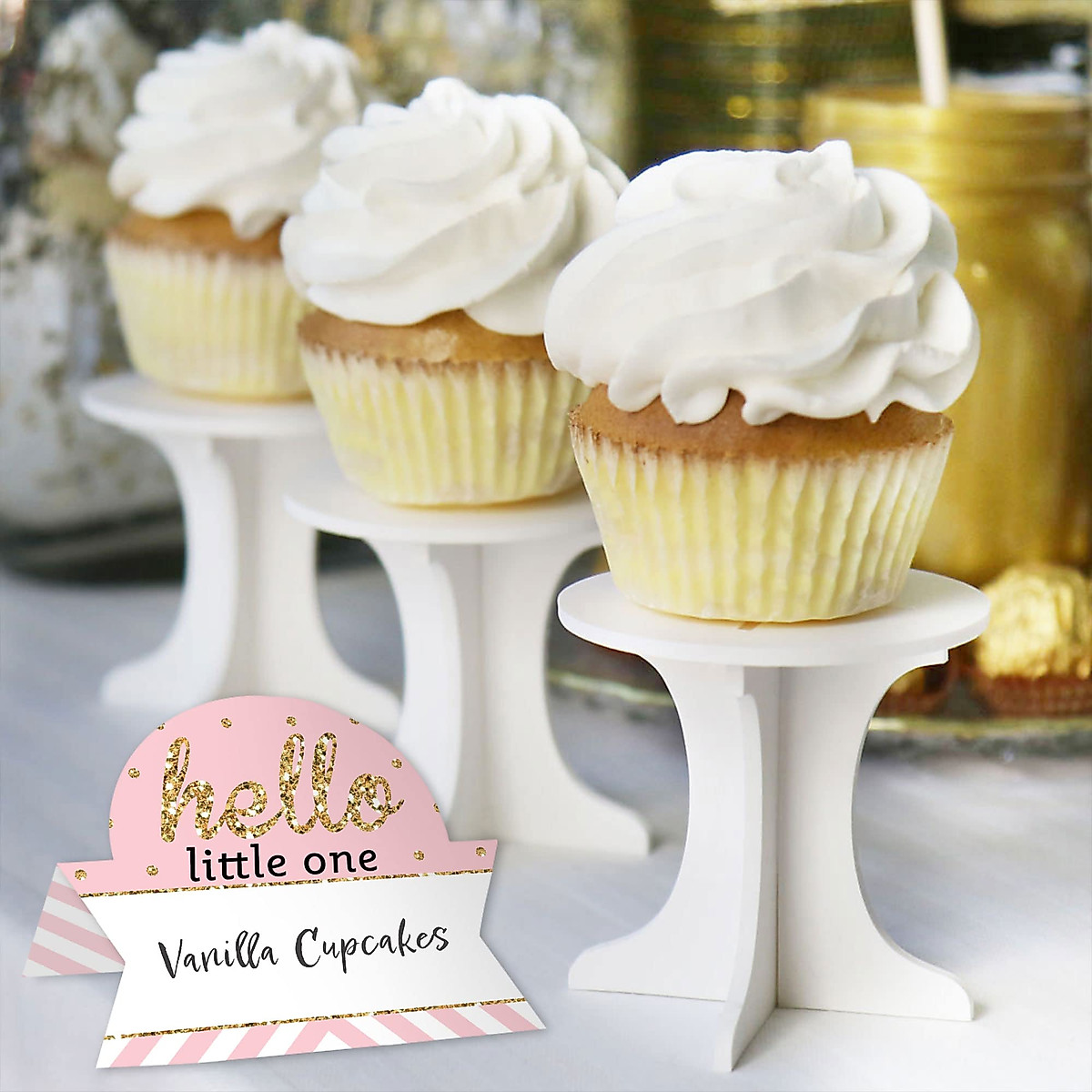 Big Dot of Happiness Hello Little One - Pink and Gold - Girl Baby Shower Tent Buffet Card - Table Setting Name Place Cards - Set of 24