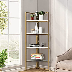 VERYKE 4 Tier Corner Shelf Standing Display Rack Corner Bookshelf Storage Plant Rack with Metal Frame Multipurpose Plant Stand for Living Room, Office, Kitchen, Small Space (Gold/White)