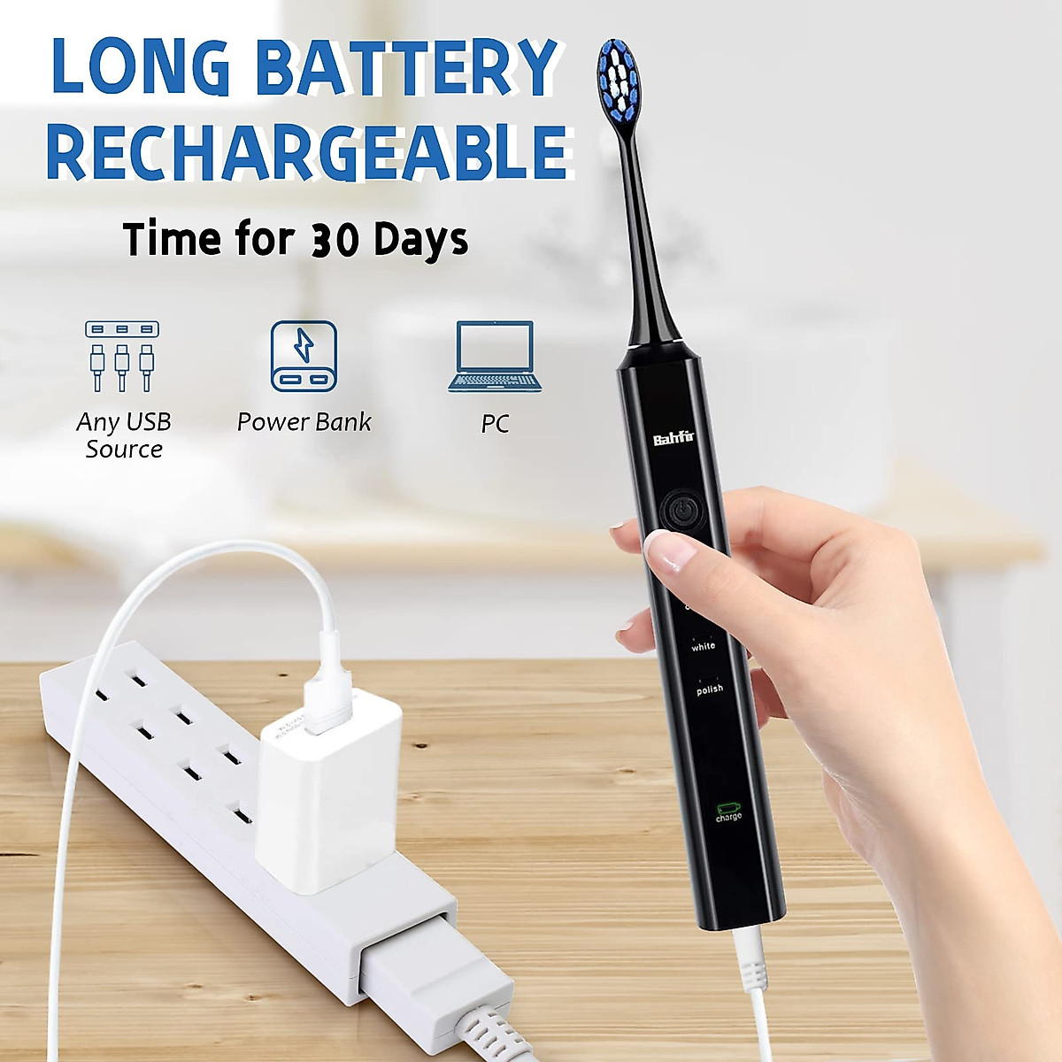 Bahfir Electric Sonic Toothbrush Ergonomic Design with 3 Modos 2 Minutes Smart Timer Rechargeable 1 Time Charge for 30 Days with 3 Brush Heads Replacement Portable for Home and Travel Adults Kids