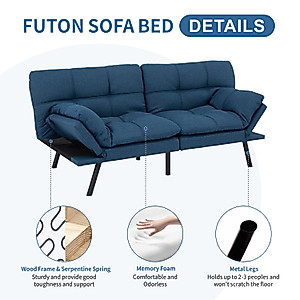MUUEGM 71" Sofa Bed with Memory Foam,Futon Sofa Bed with Adjust Backrest and Armrest, Couches for Living Room,Studios, Apartments, Dormitories, Offices and Game rooms. Blue Sofa