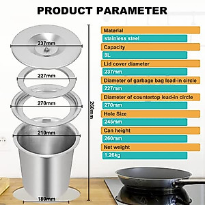 Countertop Built-in Kitchen Cabinet Trash Can 8L 304 Stainless Steel Trash Chute with Lid Cover