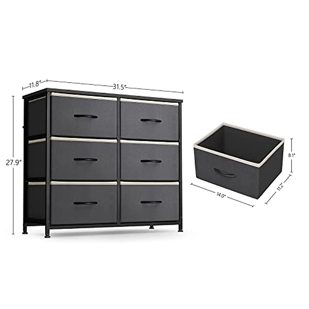 FEZIBO Dresser Organizer, Chest of Drawers-Dresser for Bedroom, Hallway, Entryway, Closets, Furniture Storage Tower-Steel Frame, Wood Top, 6 Drawers Organizer Units-Black Grey White Edge