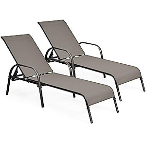 Tangkula Patio Chaise Lounge, Recliner Outdoor Lounger Chair w/Adjustable Backrest, Reclining Chair w/Heavy Duty Steel Frame, Suitable for Beach, Yard, Balcony, Poolside (2, Brown)