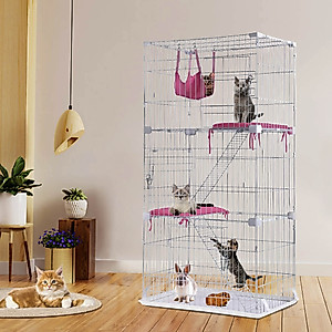 BIQWBIC 3-Tier 67 Inch Large Cat Cage, White, Collapsible, Hammock, 3 Cat Beds, 2 Ramp Ladders, Easy Litter Cleaning, Quick Installation