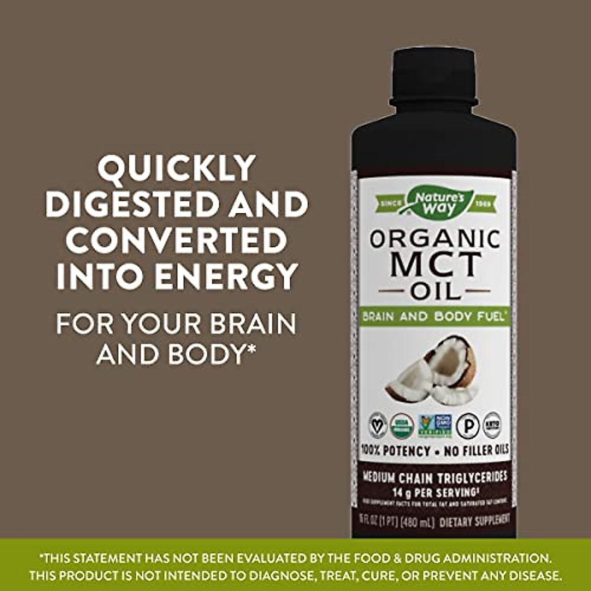 Nature's Way Organic MCT Oil From Coconut, Non-GMO, Gluten-free, 14 g MCTs per serving, 16 FL Oz