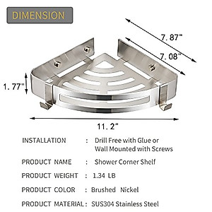 BESy Adhesive Bathroom Shower Corner Shelf Shower Corner Caddy with 2 Hooks, Drill Free with Glue or Wall Mount with Screws,No Damage Stainless Steel 1 Tier Shower Wall Shelves Triangle,Brushed Nickel