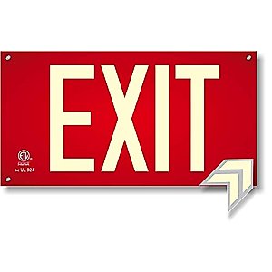 Photoluminescent Exit Sign Red W/Holes and Hardware - Aluminum - UL 924 Code Approved/IBC/NFPA 101) Made in USA | NightBright USA Part Number ULR-050-HH