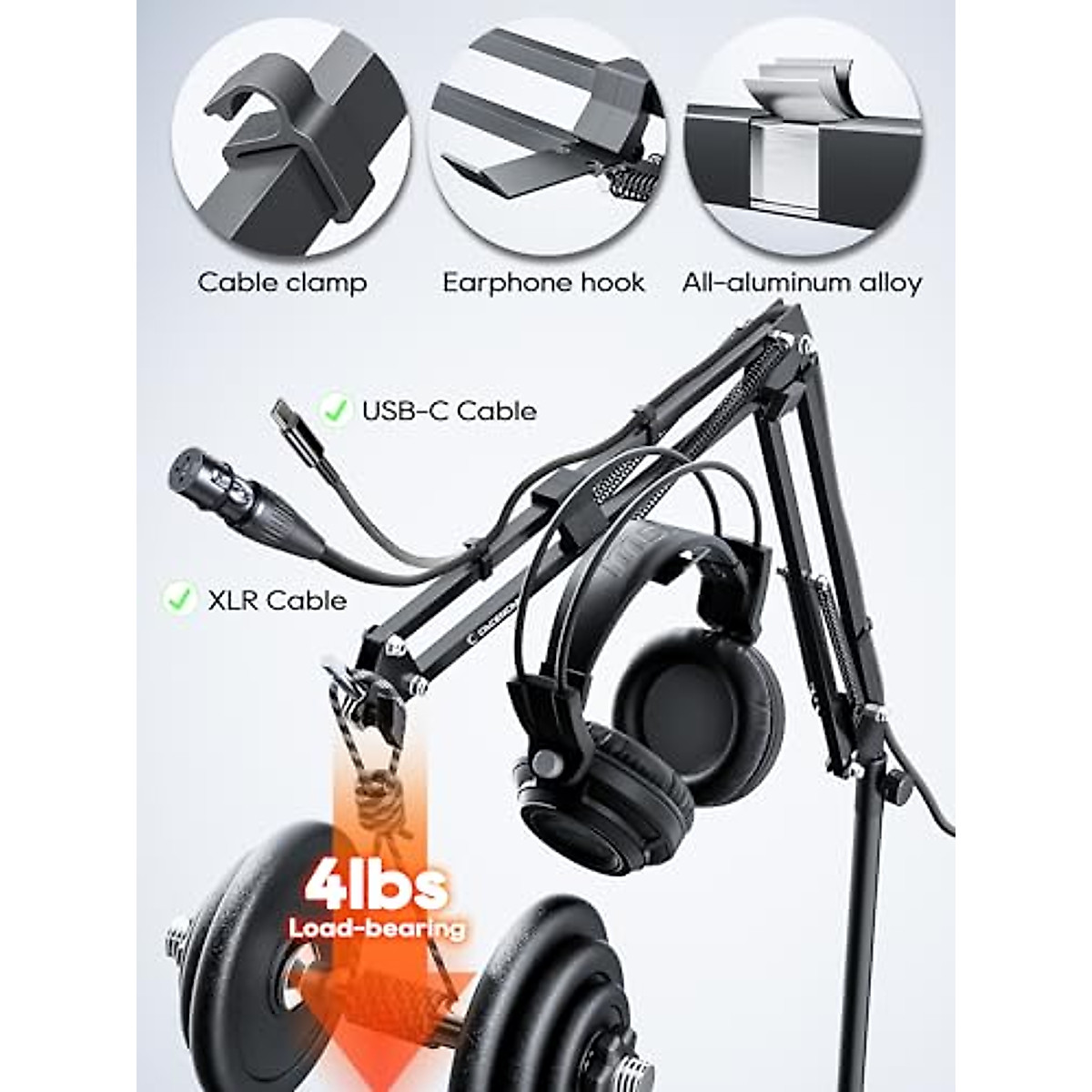 CACENCAN Boom Arm, 360° Rotatable Microphone Stand with Desk Mount, Foldable Desk Mic Arm with 3/8'' to 5/8'' Screw Adapter, Microphone Arm for Live Streaming, Gaming, Podcasting[Heightened Version]