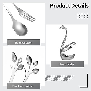 13 Pieces Spoon and Fork Set with Silver Swan Base, Stainless Steel 4.7-inch Coffee Spoons Forks with Silver Small Swan Base Holder Set, Dessert Tea Spoon Set