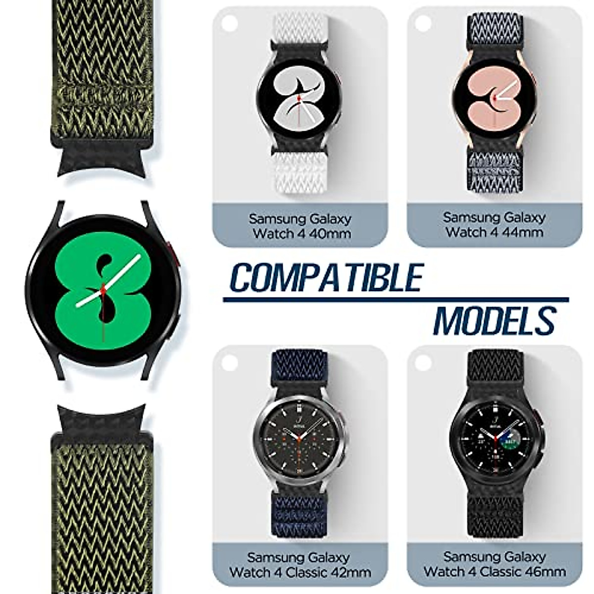 5 Pack No Gap Bands Compatible with Samsung Galaxy Watch 6/5/ 4 40mm 44mm/ Watch 5 Pro 45mm/Galaxy Watch 4/6 Classic 42mm 43mm 46mm 47mm, 20mm Elastic Nylon Sport Band for Women Men（GB）