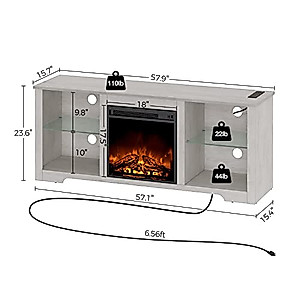 Rolanstar Fireplace TV Stand with LED Lights and Power Outlets, TV Console for 43" 50" 55" 60" 65", Entertainment Center with Adjustable Glass Shelves, White