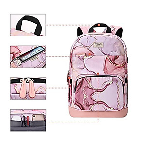 MOSISO 15.6-16 inch 20L Laptop Backpack for Women Girls, Polyester Anti-Theft Casual Daypack Bag with Luggage Strap&USB Charging Port, Travel Business College School Bookbag, Marble MO-MBH216, Pink