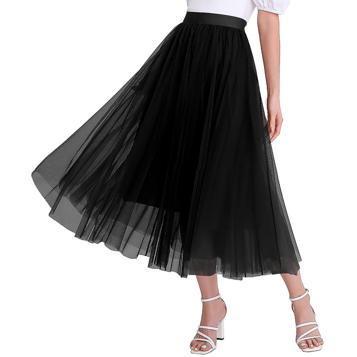 Women’s Tulle Skirts Midi Elastic High Waist Pleated Mesh Flowy A-Line Party Long Tutu Skirt