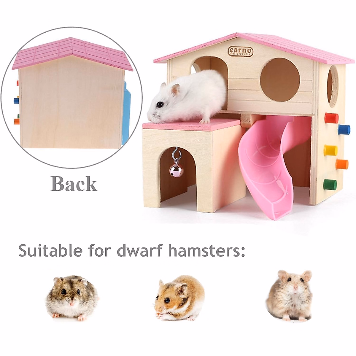 kathson Pet Small Animal Hideout Hamster House with Funny Climbing Ladder Slide Wooden Hut Play Toys Chews for Small Animals Like Dwarf Hamster and Mouse(Pink)