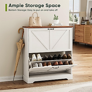 Smart FENDEE Shoe Cabinet, Shoe Storage Cabinet with 2 Flip Drawers, Narrow Shoe Cabinet Storage for Entryway, Farmhouse Shoe Organizer Cabinet with Wooden Feet, Slim Shoe Rack Cabinet, White