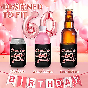 12Pcs Can Cooler Sleeves - Rose Gold 60th Birthday Decorations for Women - Beverage Can Cooler Sleeves for Cheers to 60 Years Old Party Supplies Gift