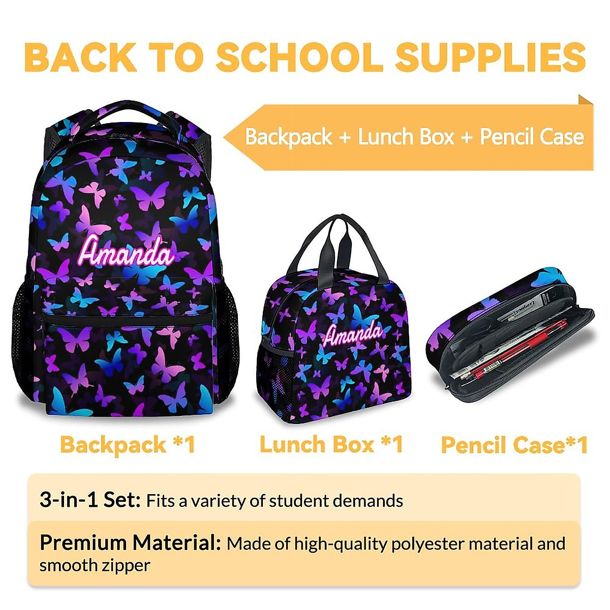 GIHSWE Custom Butterfly Backpack with Lunch Box, Personalized Set of 3 School Backpacks Matching Combo, Cute Lightweight Purple Bookbag and Pencil Case Bundle
