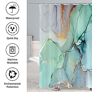 Gibelle 4 Pcs Bathroom Shower Curtain Set with Non-Slip Rugs, Toilet Lid Cover and Bath Mat, Green Marble Bathroom Decor Set with Shower Curtain and Rugs and Accessories
