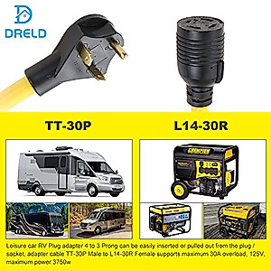 NEMA TT-30P Male to L14-30R Female Generator Adapter Cord, 30 Amp 3 Prong to 4 Prong Generator Transfer Switch Plug Adapter, RV Outdoor Generator Cord Plug to Inlet Box, 1.5FT