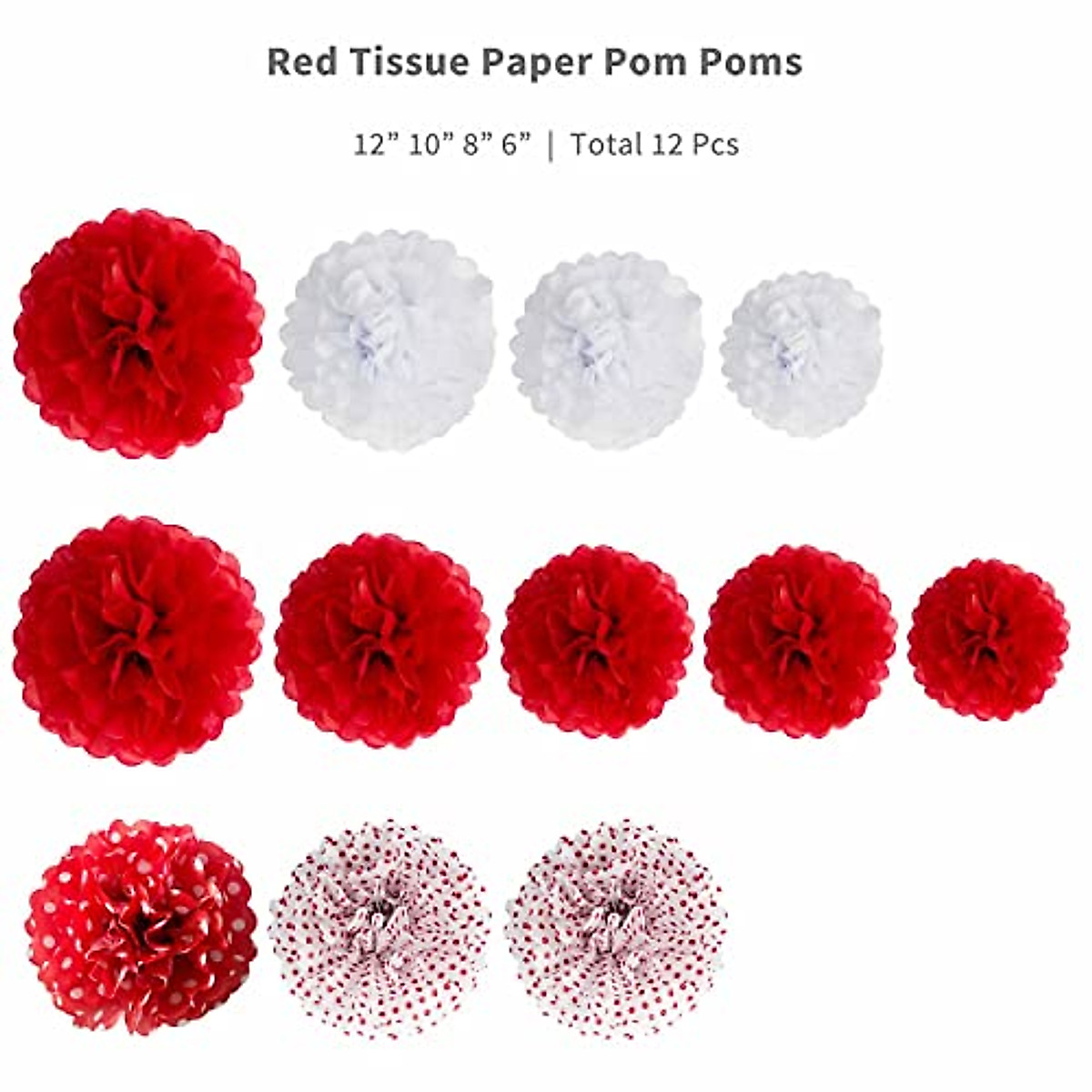 ANSOMO Red Tissue Paper Pom Poms Flowers Wall Hanging Party Decorations 12" 10" 8" 6" Pack of 12, Red & White