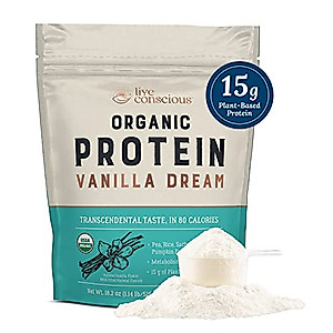 Organic Pea Protein Powder - Vanilla Dream Flavor | Low-carb Plant-Based Vegan Protein Blend - Pea, Brown Rice, Pumpkin, Sacha Inchi | 20 Servings 18.2 oz - by Live Conscious